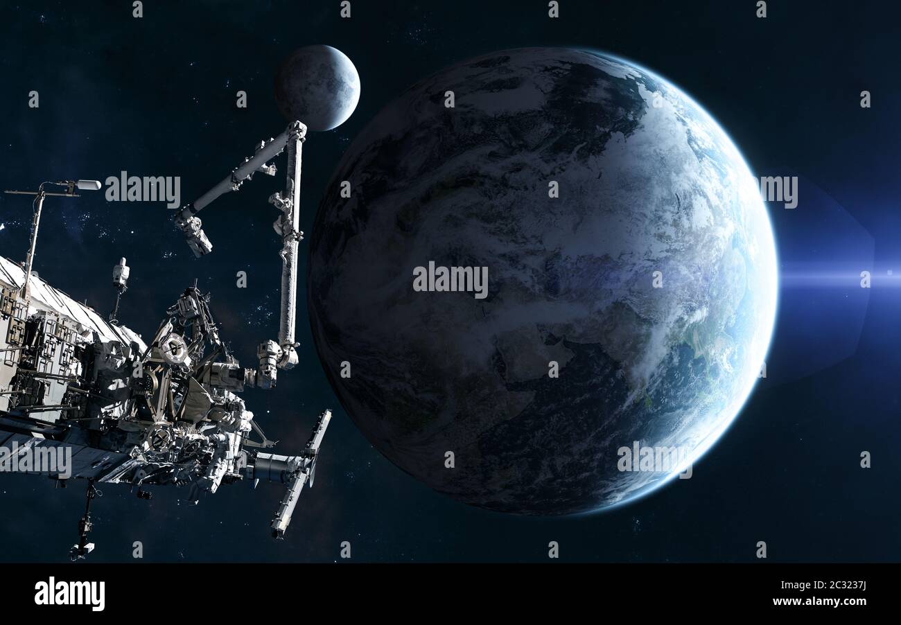 Earth and moon, ISS in blue light. Solar system. Science fiction Stock ...