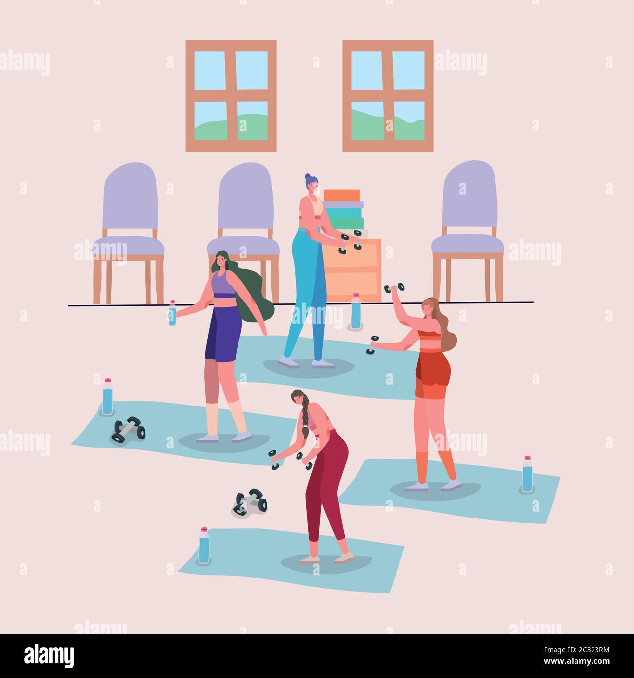 Women cartoons doing exercise design of Stay at home and activities ...