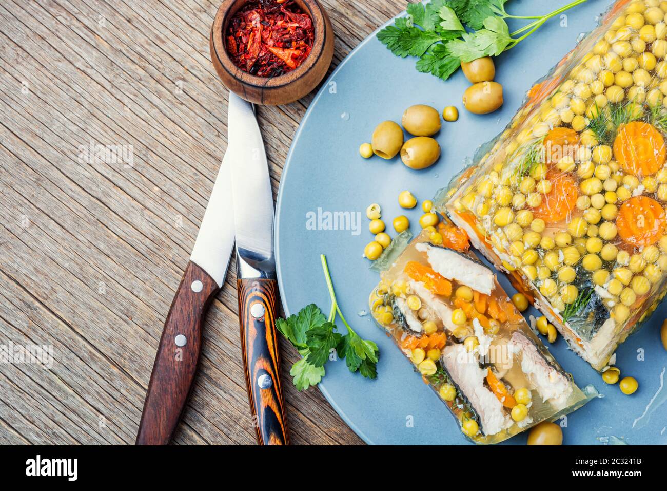 Jellied, cold dish of fish, filled with gelatinous broth.Russian food ...