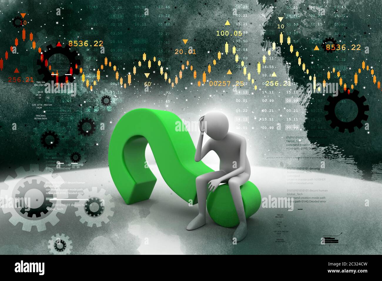 man sitting on the question mark Stock Photo - Alamy