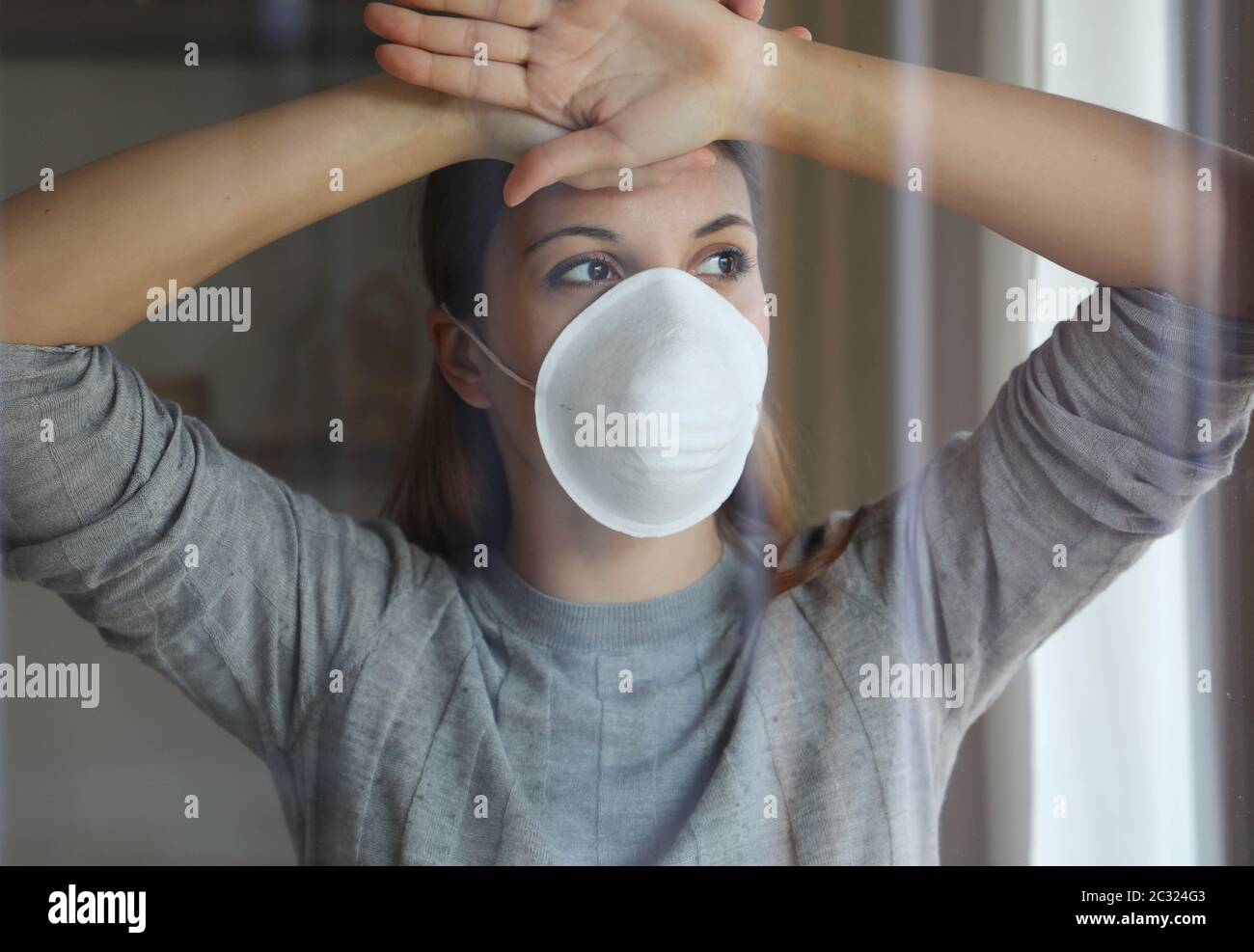 COVID-19 Pandemic Coronavirus Woman Home Isolation Quarantine Wearing ...