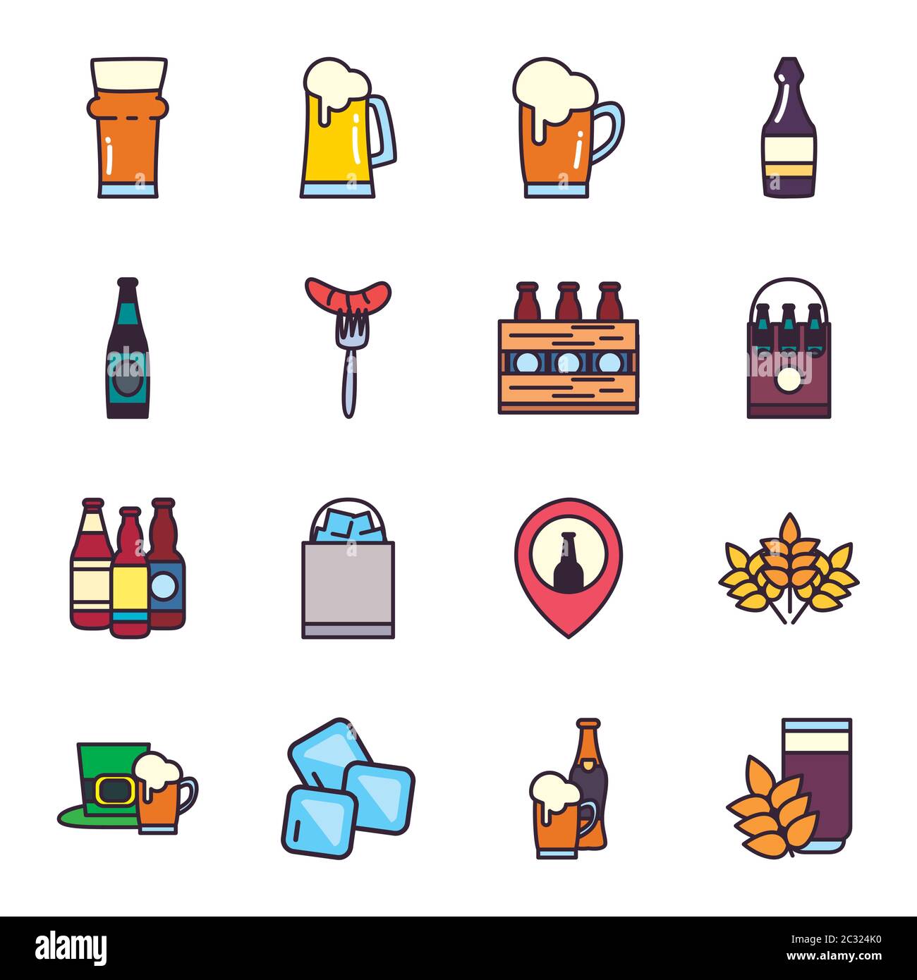 Beer line and fill style icon set design, Festival day pub alcohol bar ...