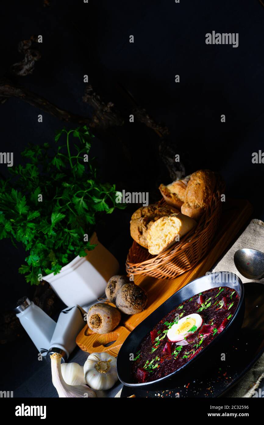 Delicious beetroot borscht with egg Stock Photo - Alamy