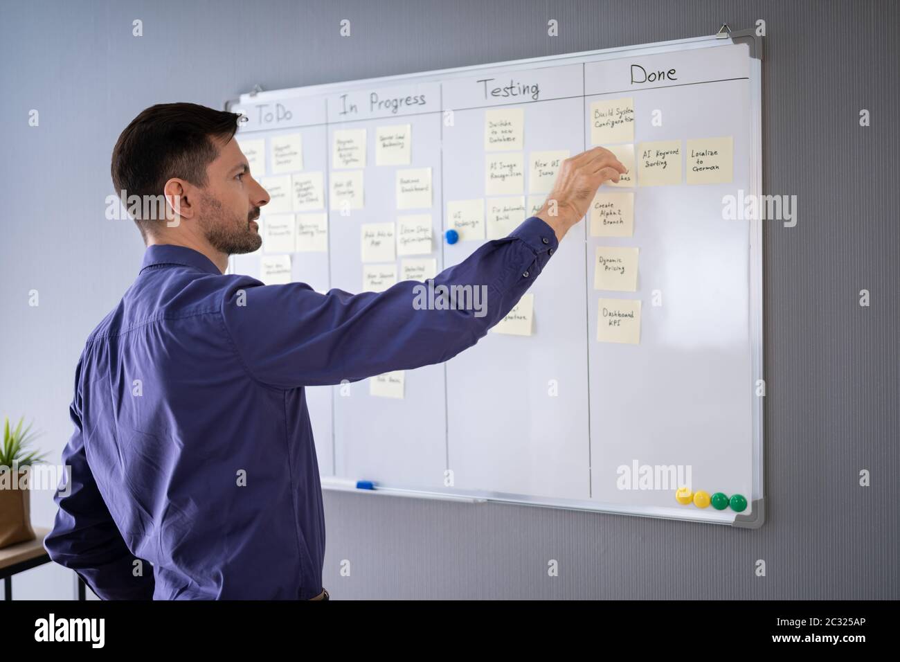 Side View Of Businessman Writing On Sticky Notes Attached To White ...