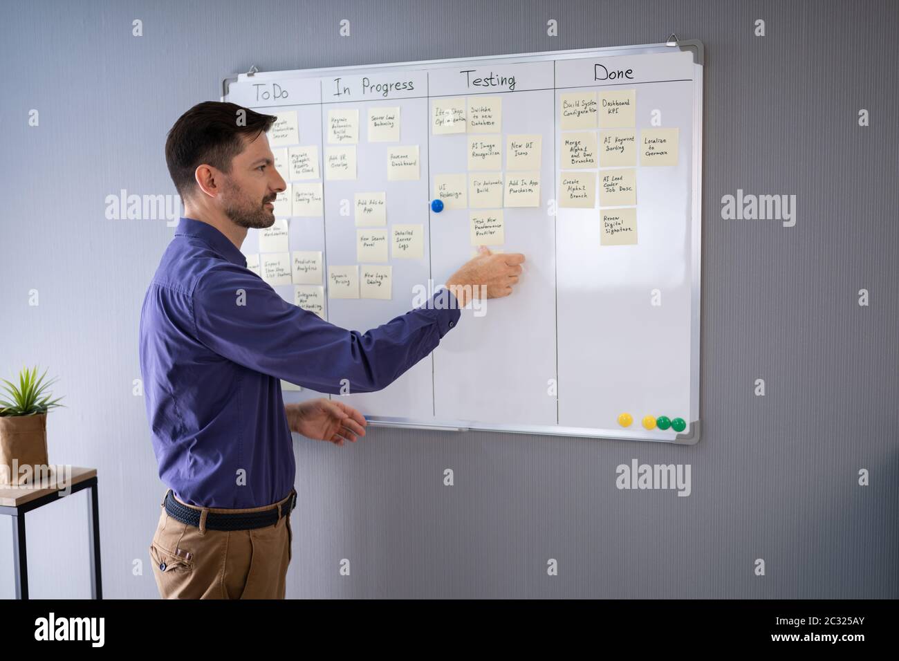 Side View Of Businessman Writing On Sticky Notes Attached To White ...