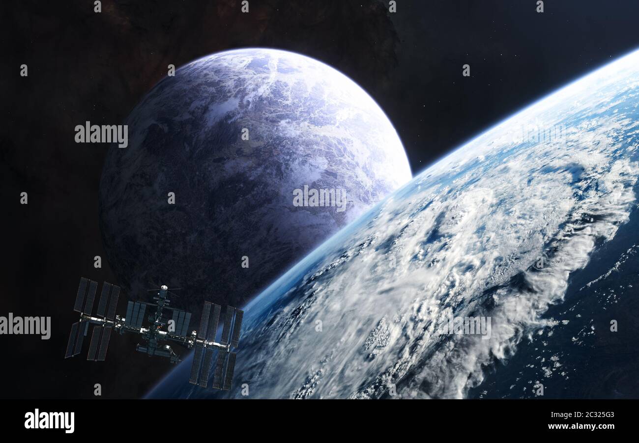 Planets in deep space. Space station in orbit of exoplanet Stock Photo ...