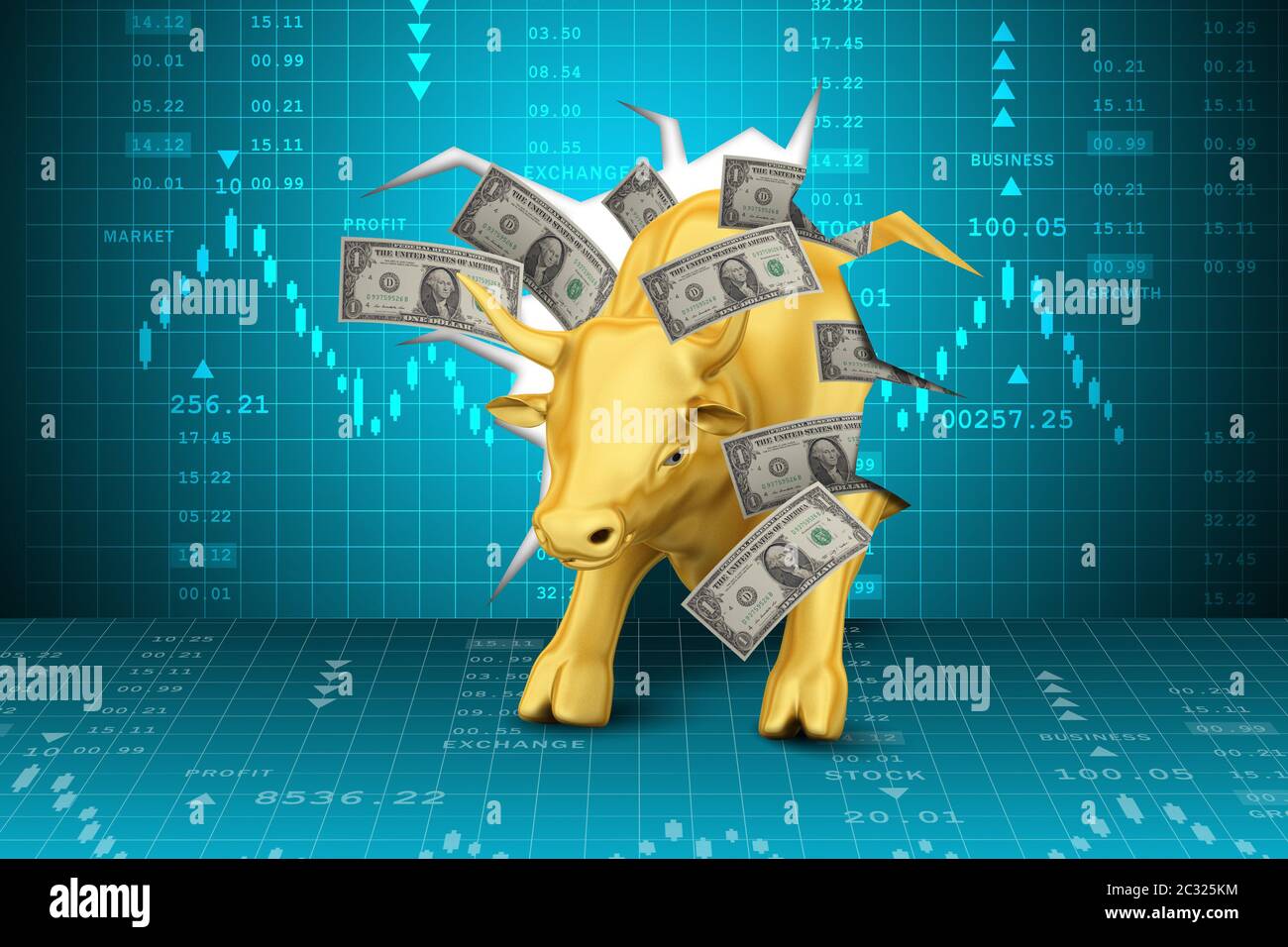 Golden bull with currency note Stock Photo - Alamy