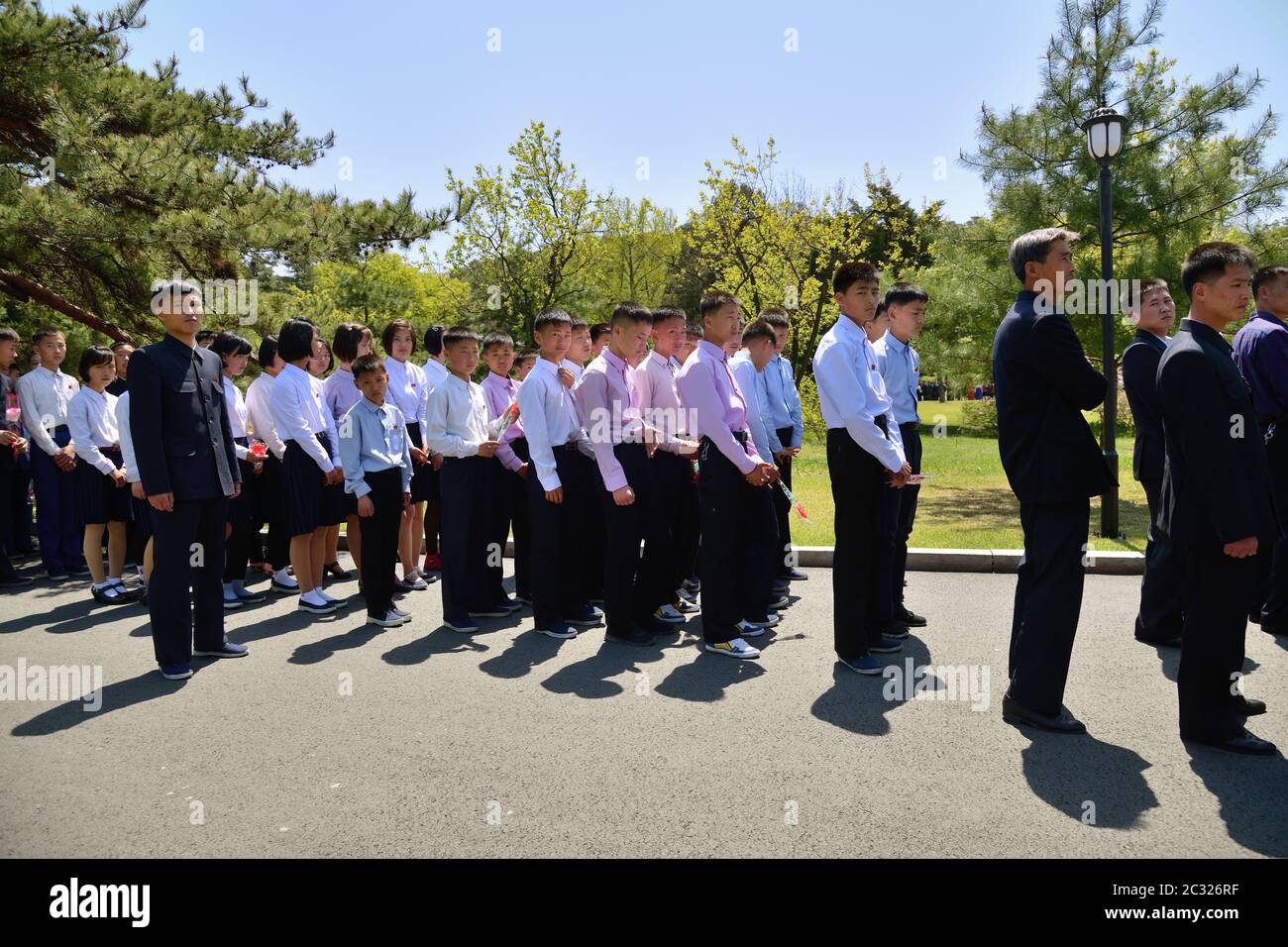 North Korea, Pyongyang - May 1, 2019: A group of North Korean peoples ...