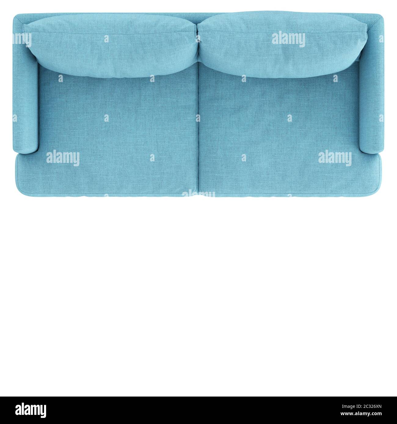 Soft blue fabric sofa on wooden legs on a white background. Copyspace ...