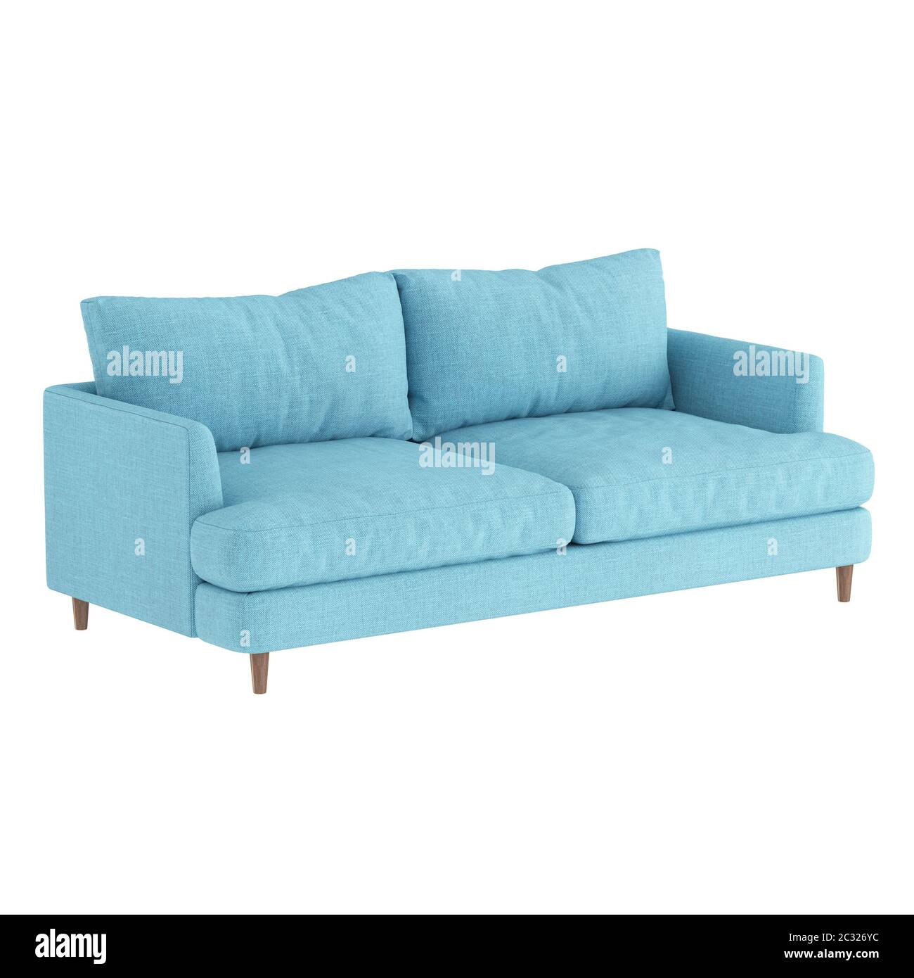 Soft blue fabric sofa on wooden legs on a white background. Angled view ...