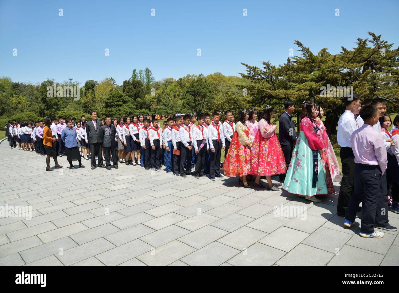 North Korea, Pyongyang - May 1, 2019: A group of North Korean peoples ...