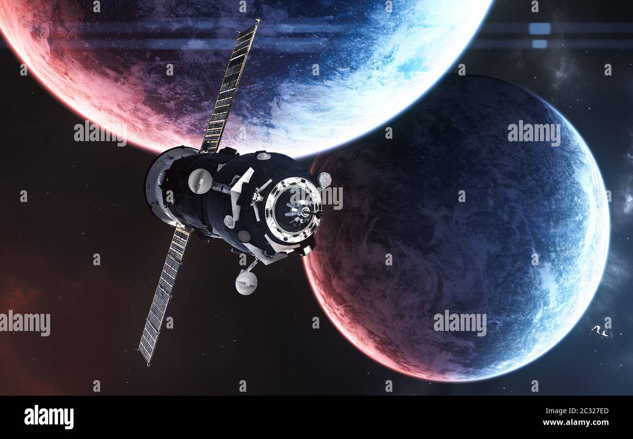 Space station among planets in deep space in blue and red light Stock ...