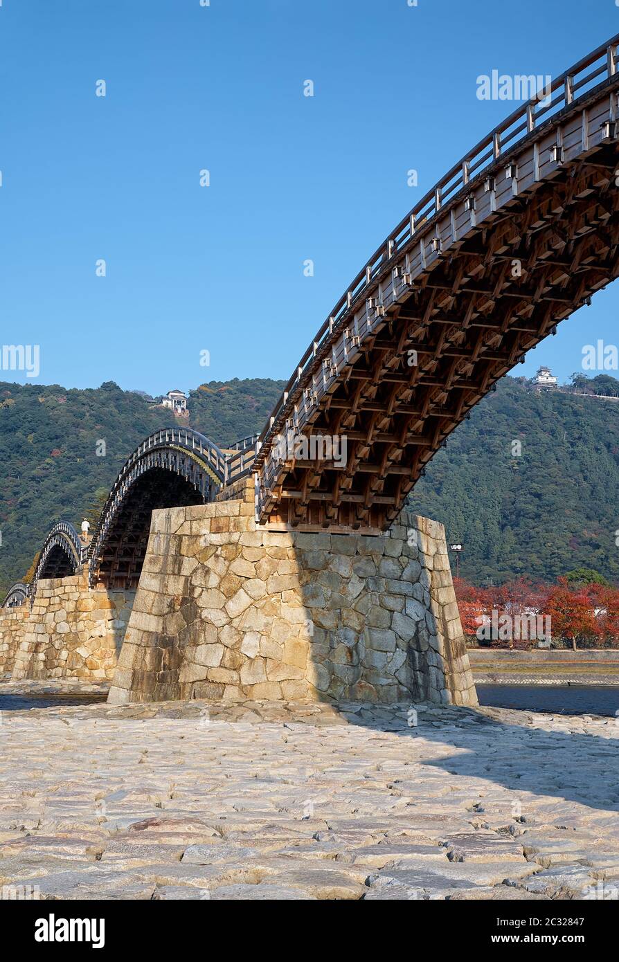 The famous historical wooden arch Kintai Bridge in Iwakuni city in the ...