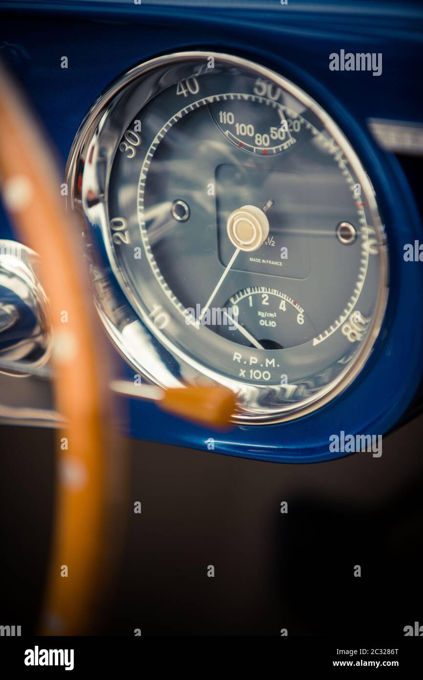 Color close up shot of a speedometer on a vintage car's dashboard Stock ...