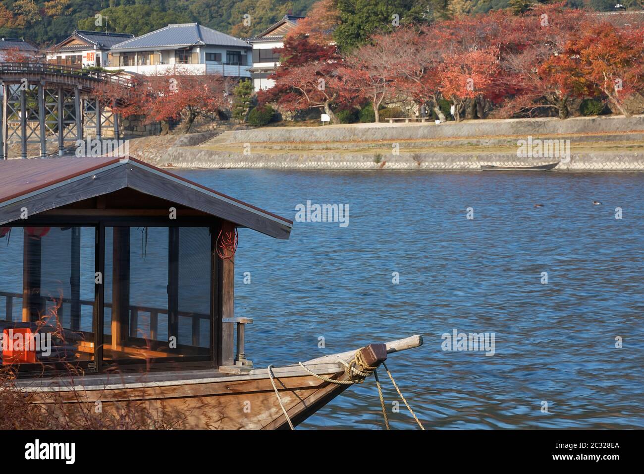 Wasen boat and Kintai Bridge over Nishiki river in Iwakuni. Japan Stock ...