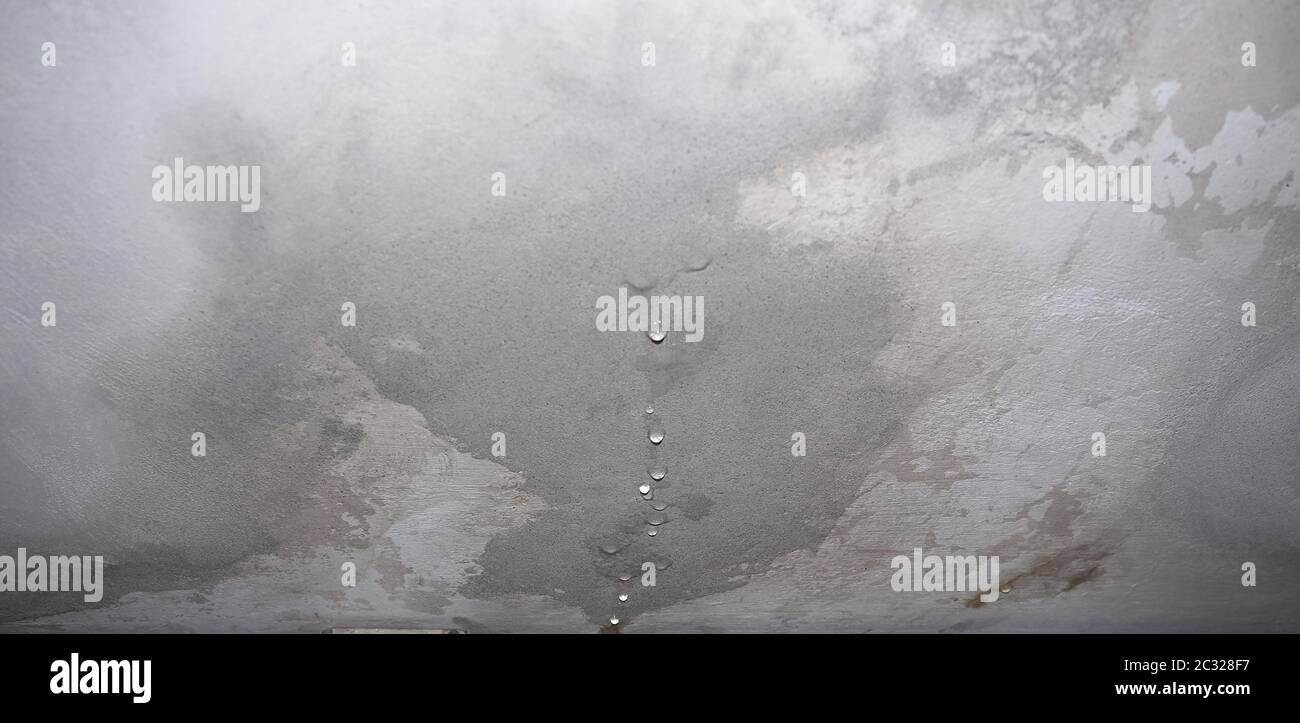 damage caused by dampness and moisture on a ceiling, with droplets of ...