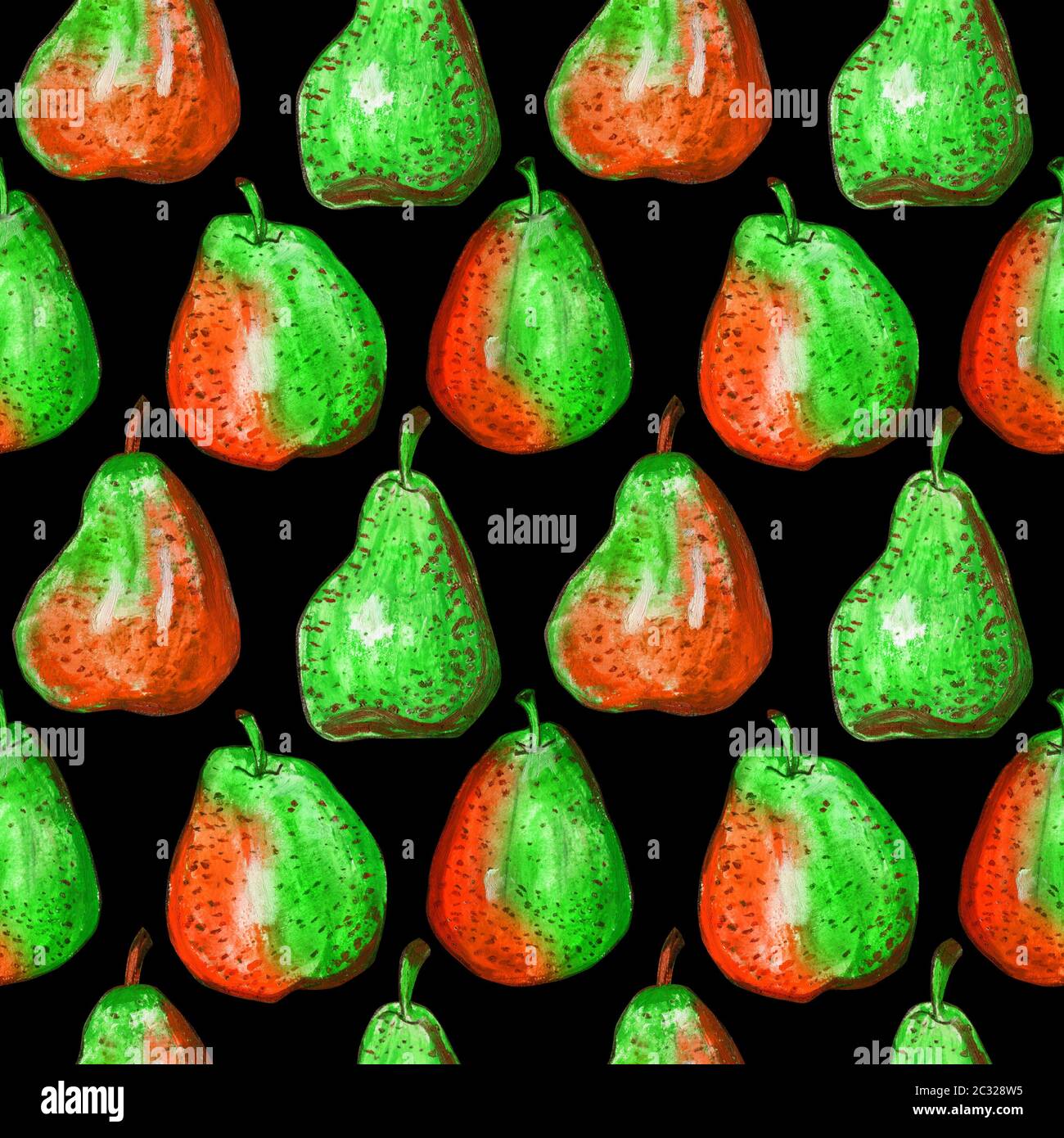 Seamless pattern with pears on a black background. Orange and green ...
