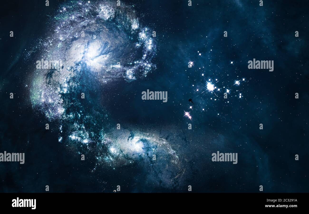 Star cluster, colliding galaxies somewhere in deep space Stock Photo ...