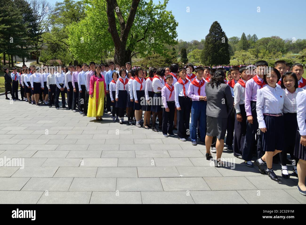 North Korea, Pyongyang - May 1, 2019: A group of North Korean peoples ...