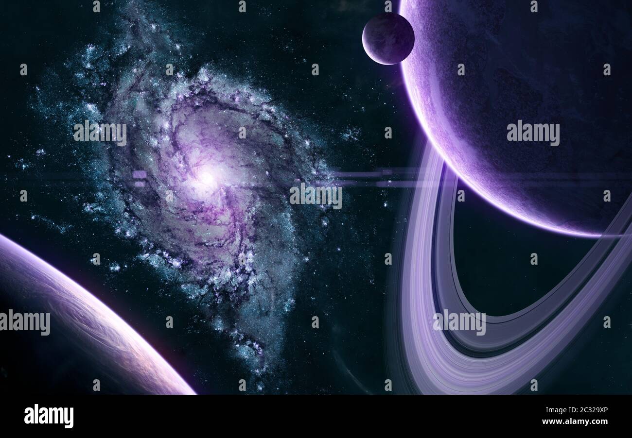 Beautiful cosmic landscape. Planets in purple light of galaxy somewhere ...