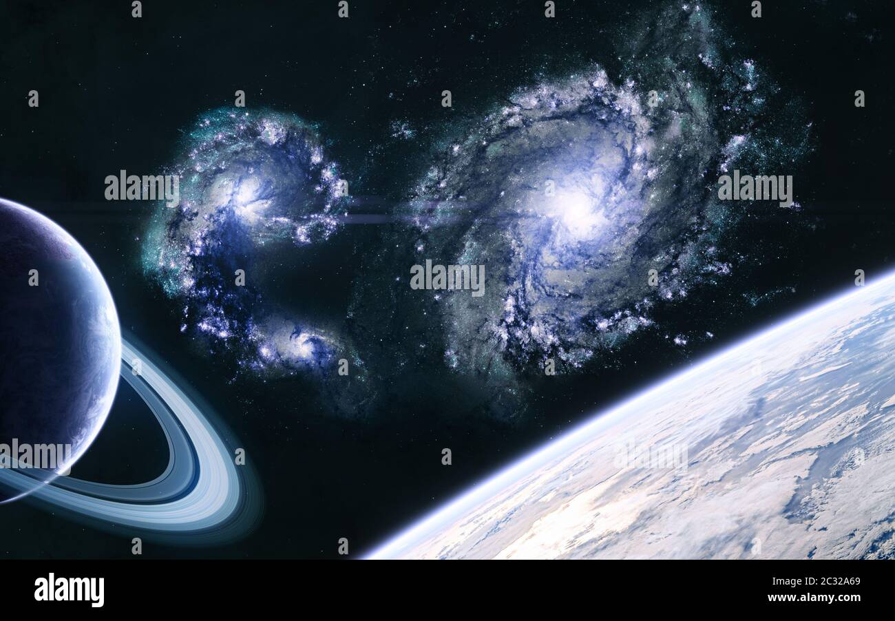 Cluster of blue galaxies, planets of deep space Stock Photo - Alamy