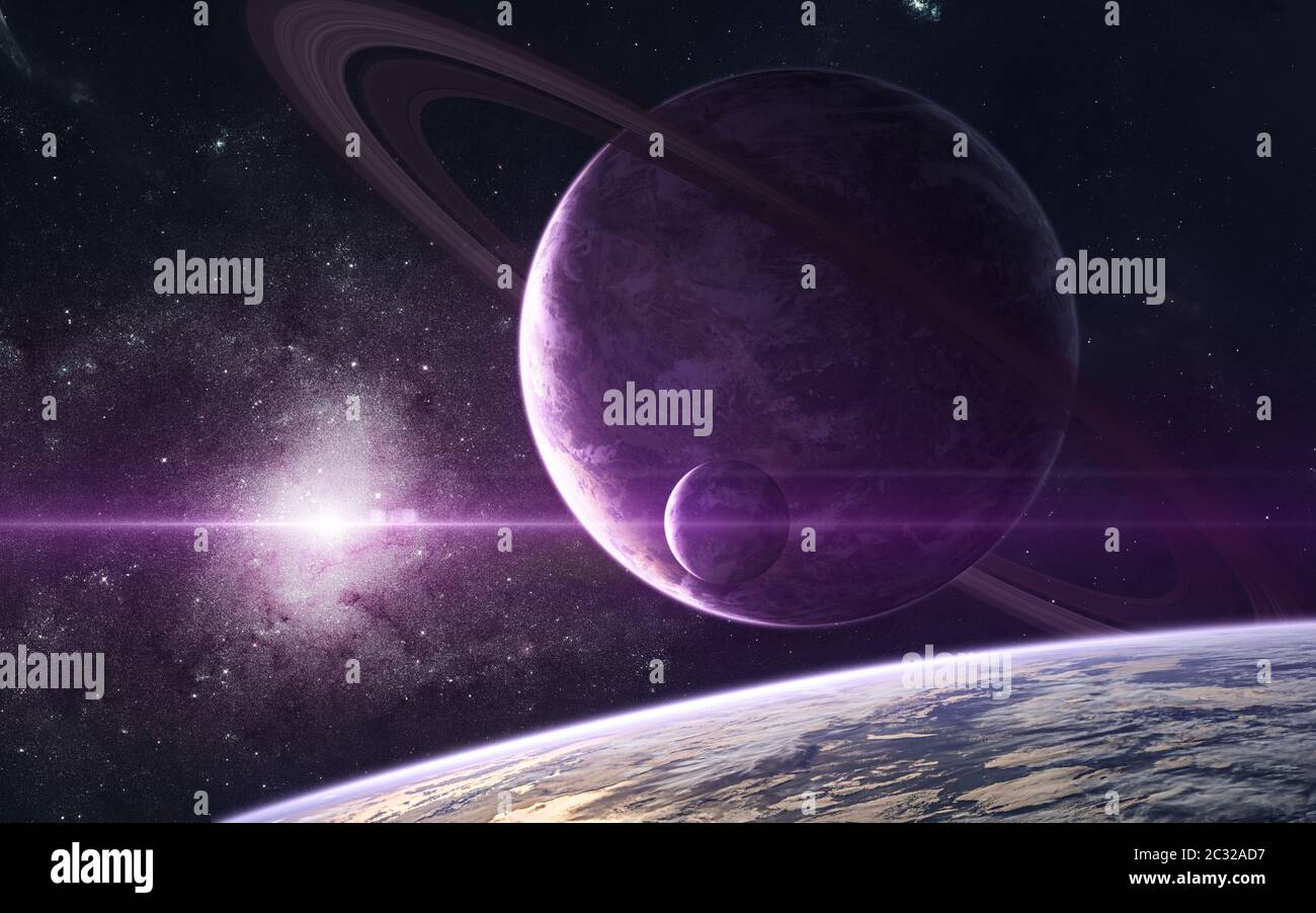 Planets in bright purple light of center of spiral galaxy. Star ...