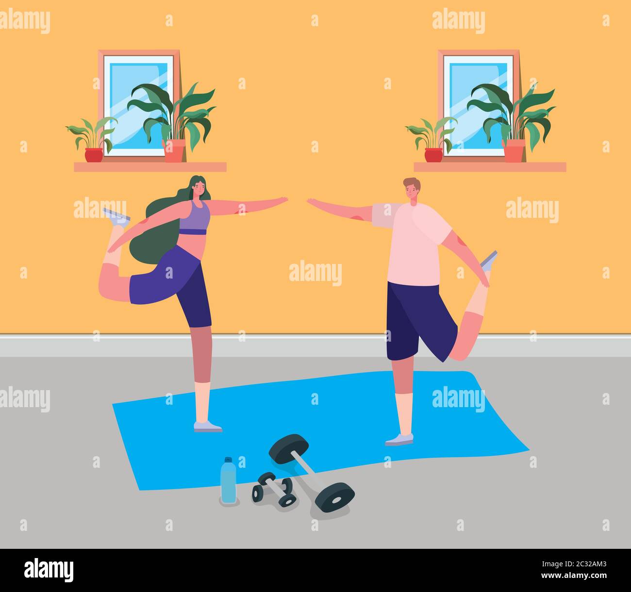 Woman and man cartoons doing exercise design of Stay at home and ...