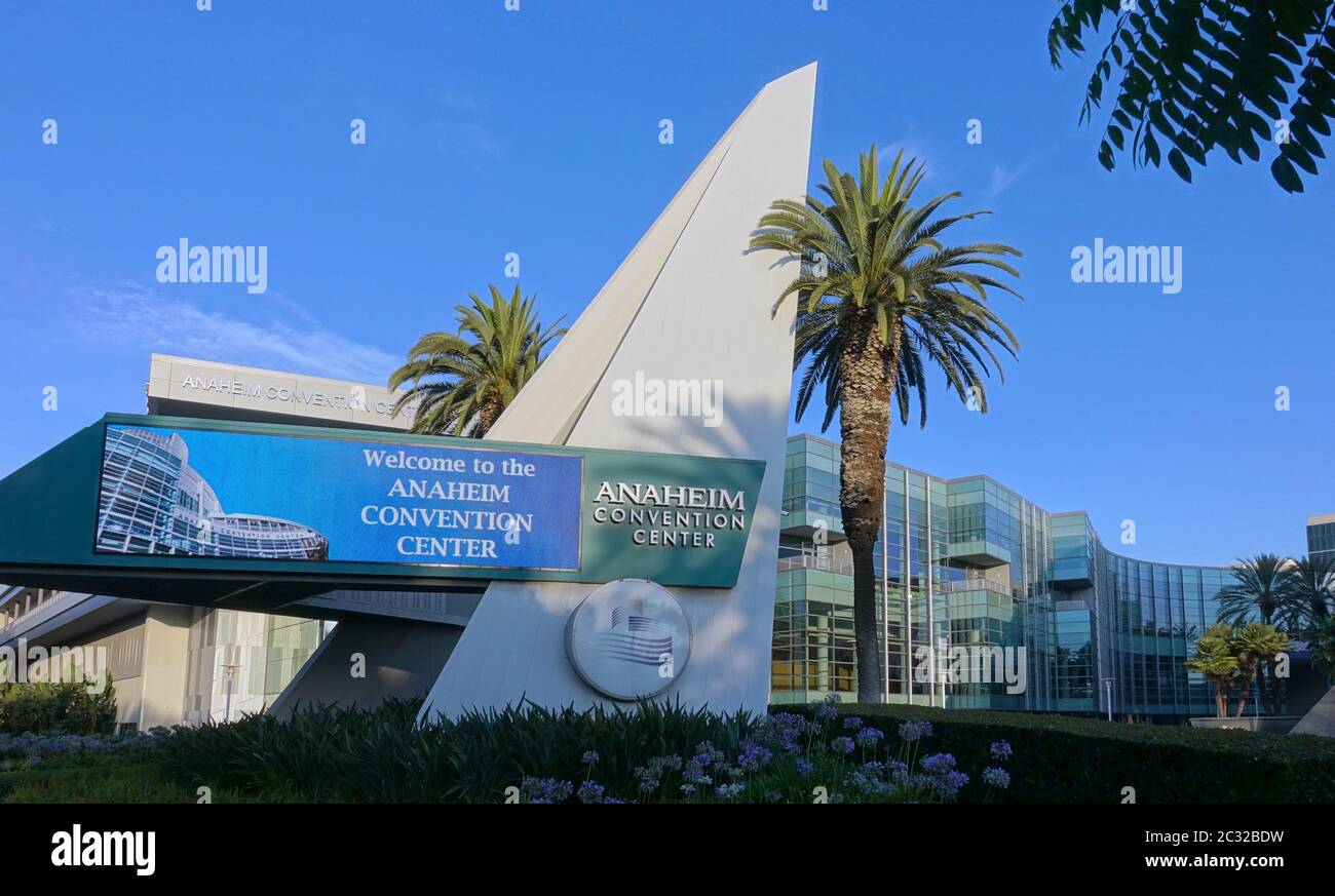 Anaheim Convention Center as seen from the west, with Welcome signage ...