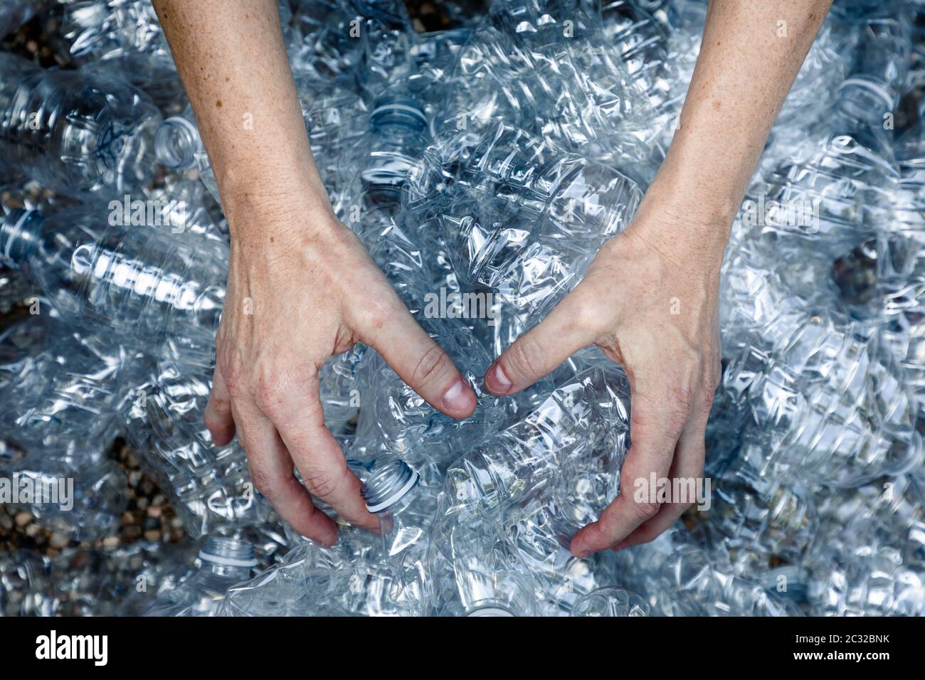 Femals hands grabbing plastic bottles to collect and trash them Stock ...