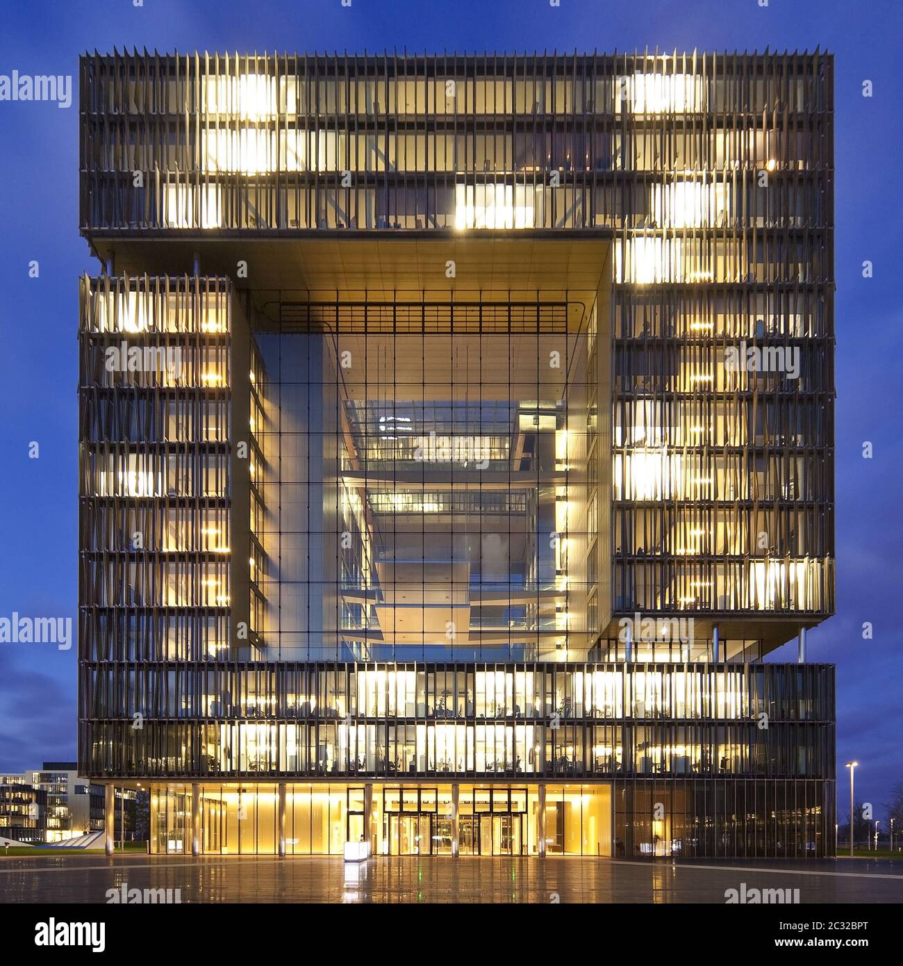 ThyssenKrupp headquarter with the Q1 building in the evening, Essen ...