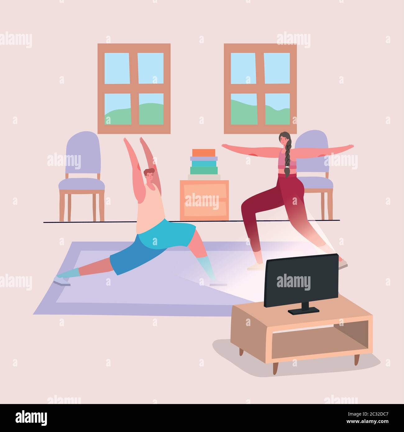 Woman and man cartoons doing exercise design of Stay at home and ...