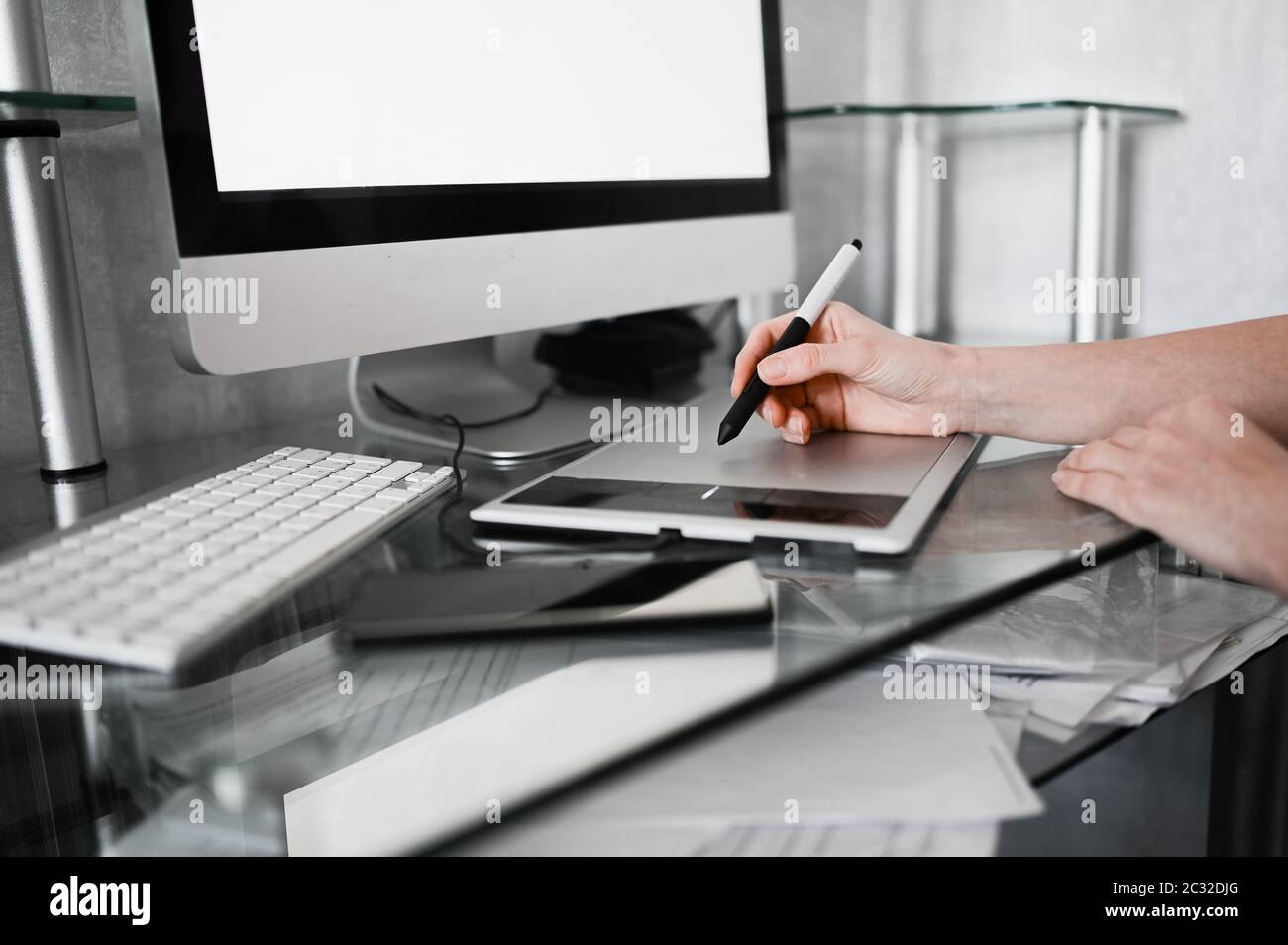 Workplace of photographer or graphic designer. Creative designer hands ...
