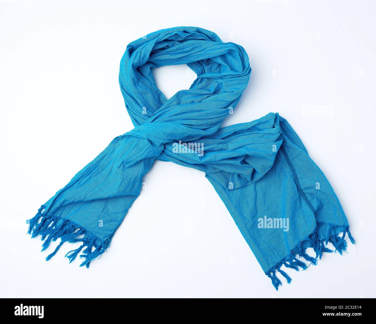 blue female scarf imitates tying around the neck on a white background ...