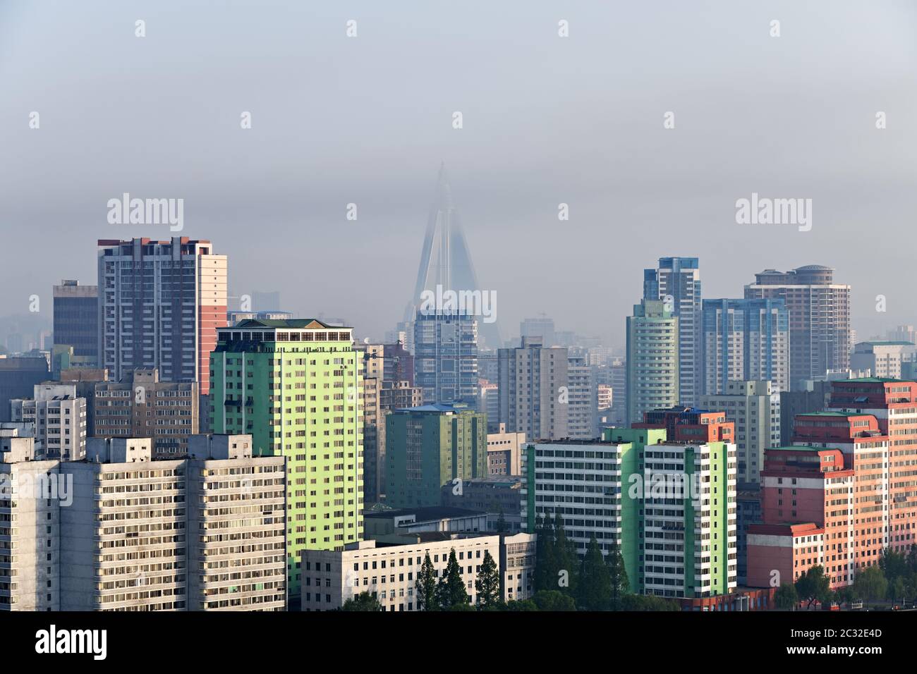 Pyongyang, DPR Korea North Korea and Taedong River in the morning fog ...
