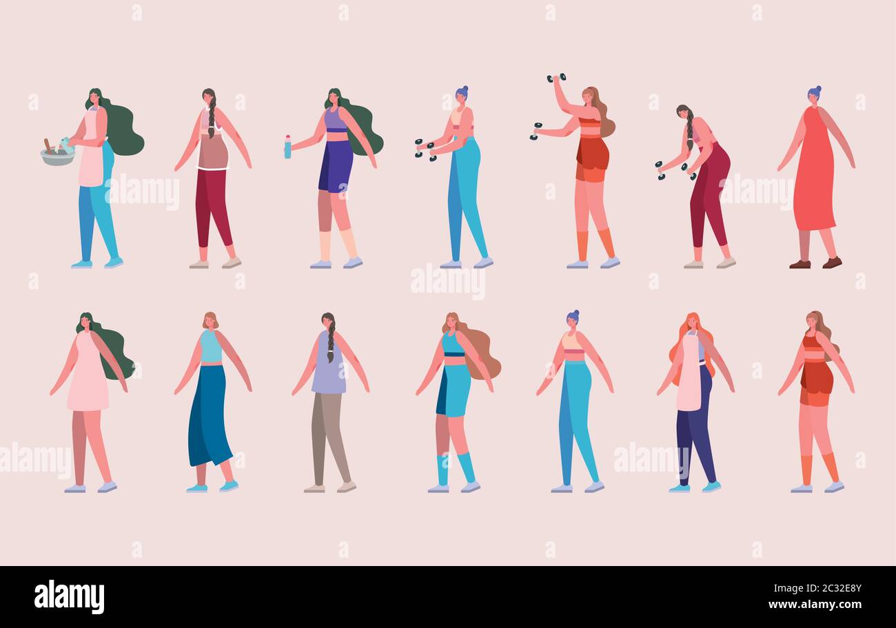 Women cartoons with sportswear and weights design, Gym sport ...