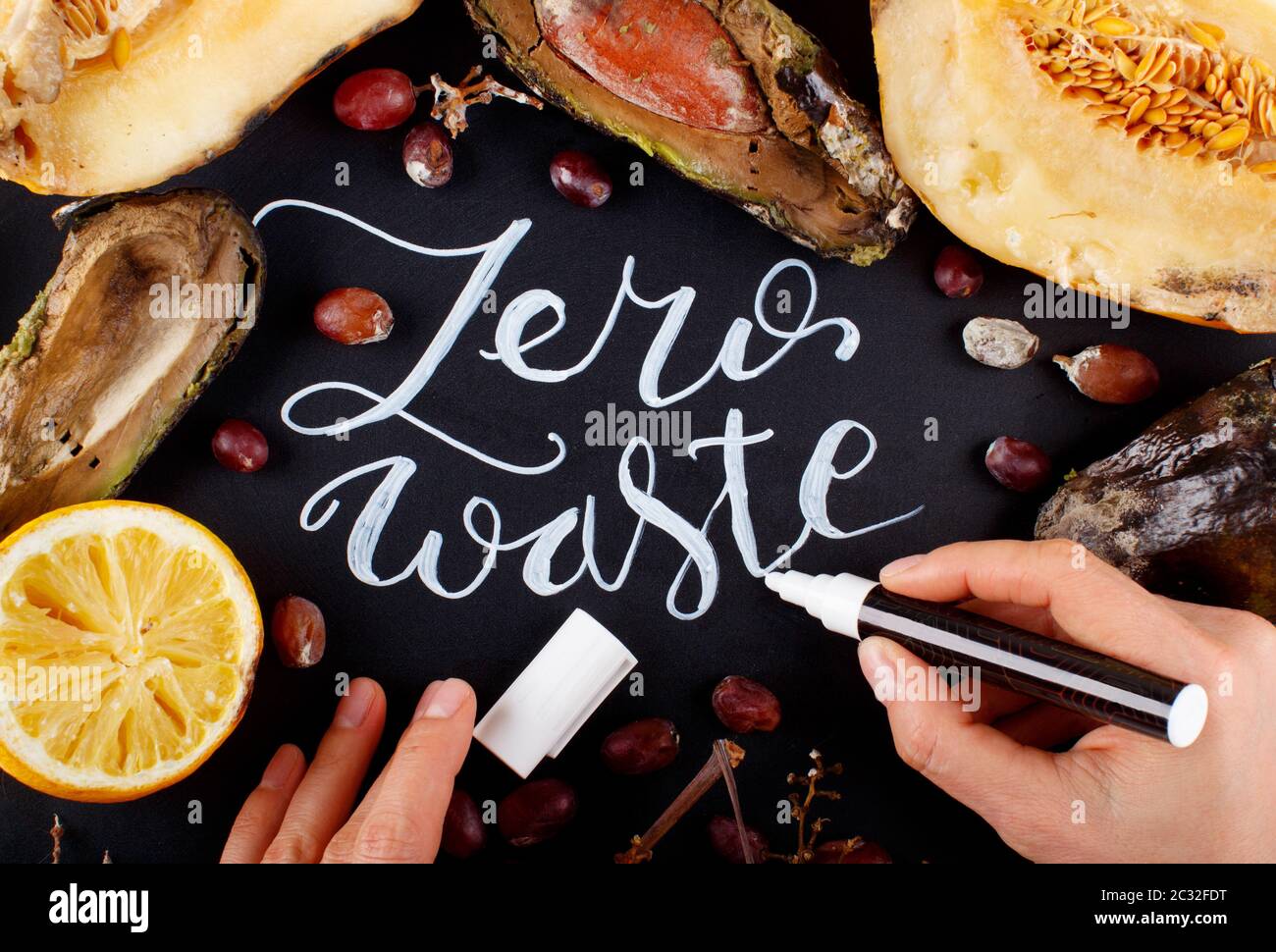Somebody writing on a chalkboard Zero Waste lettering with rotten fruit ...