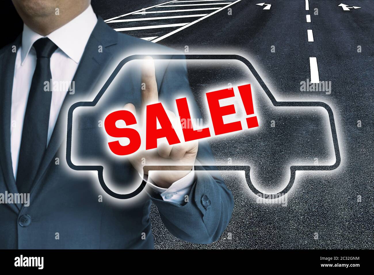 Sale! Touchscreen is operated by man concept Stock Photo - Alamy