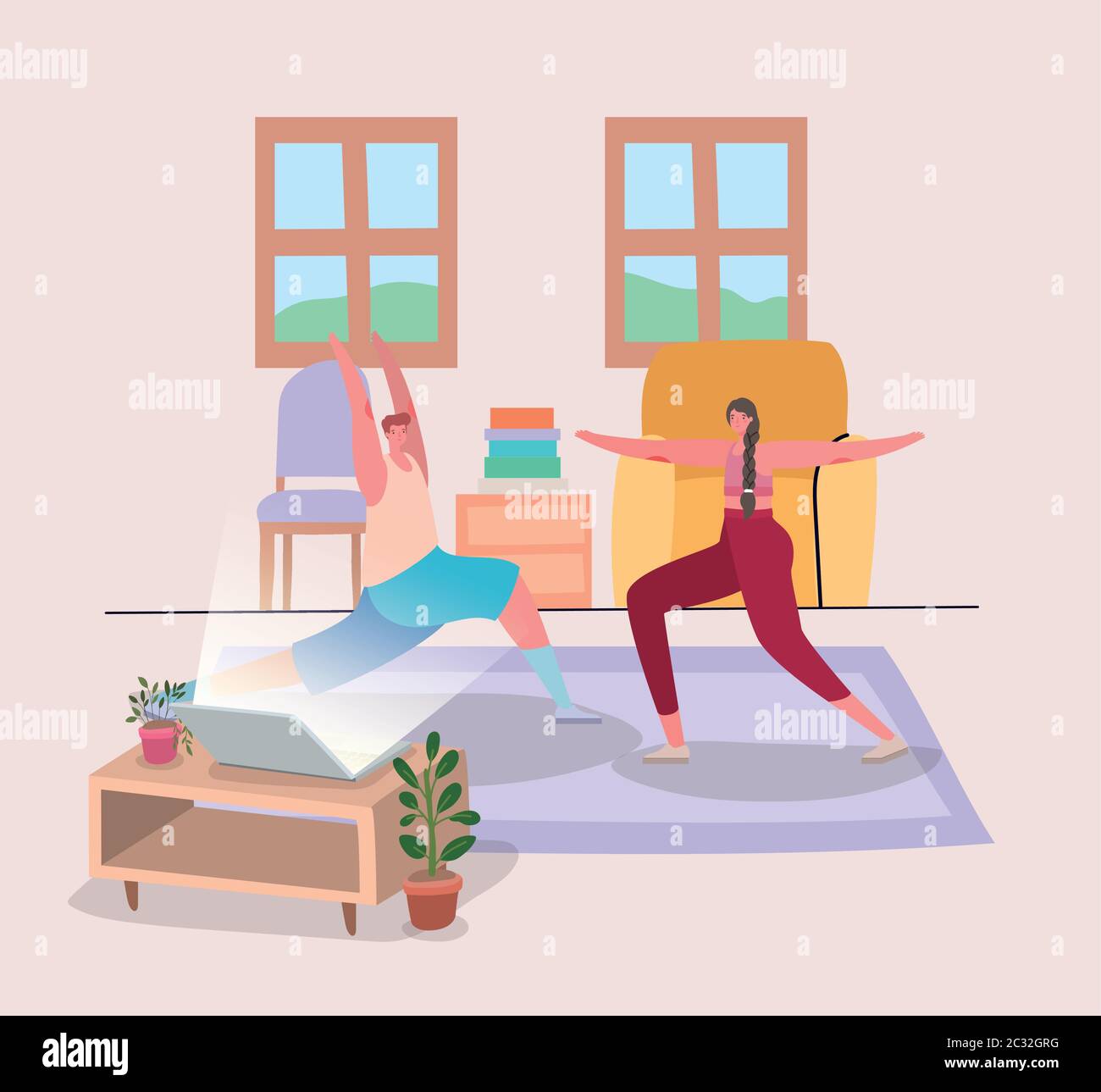 Woman and man cartoons doing exercise design of Stay at home and ...
