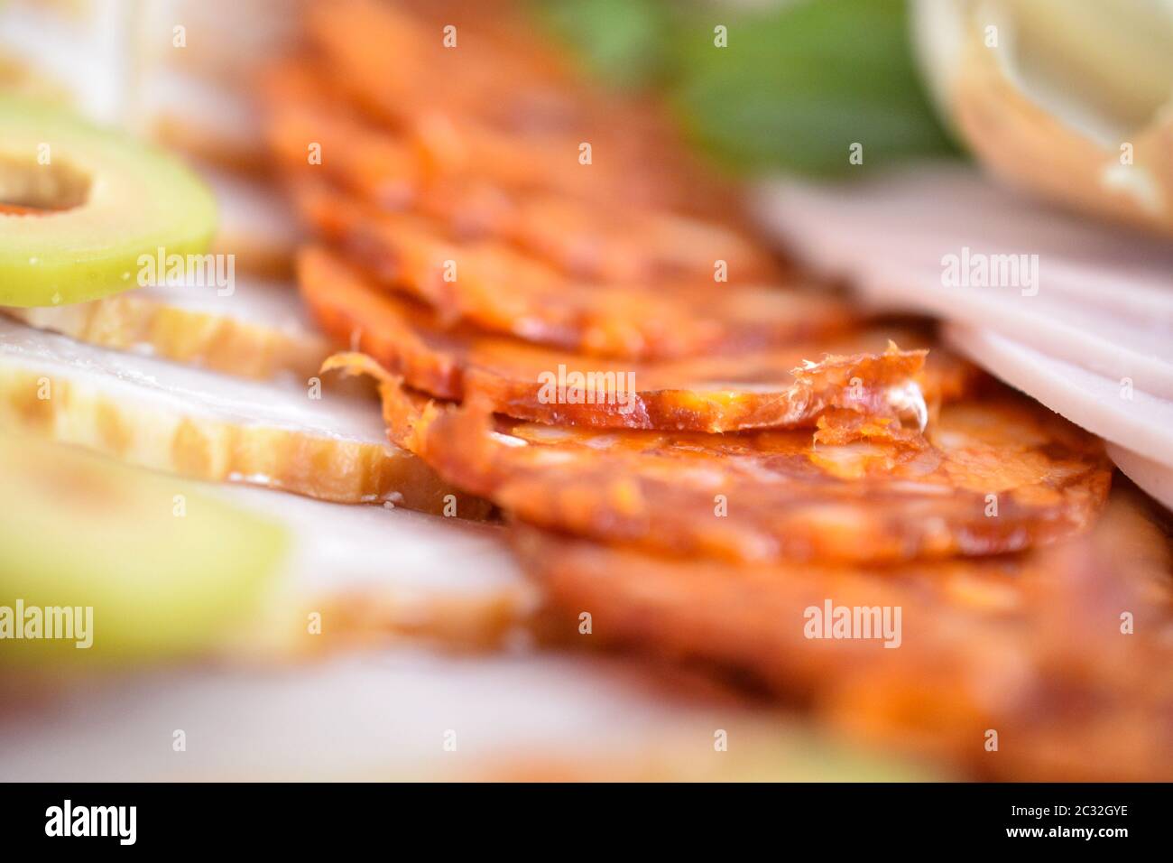 wll decorated party catering food,pepproni and salami,shallow dof Stock ...