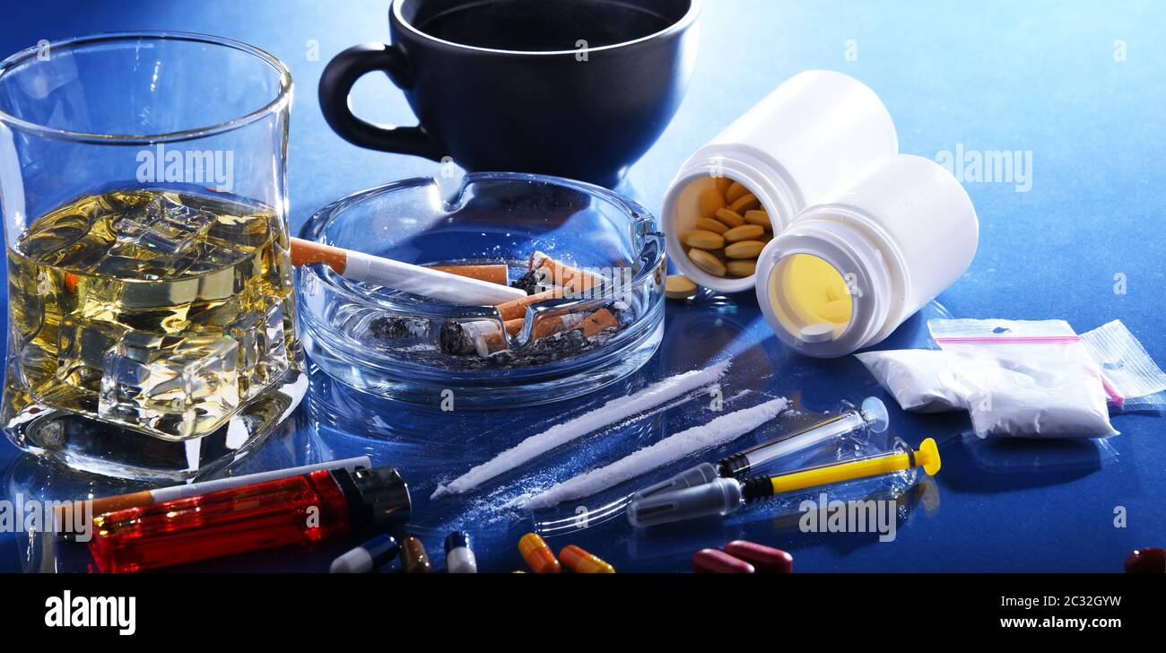 Addictive substances, including alcohol, cigarettes and drugs Stock ...