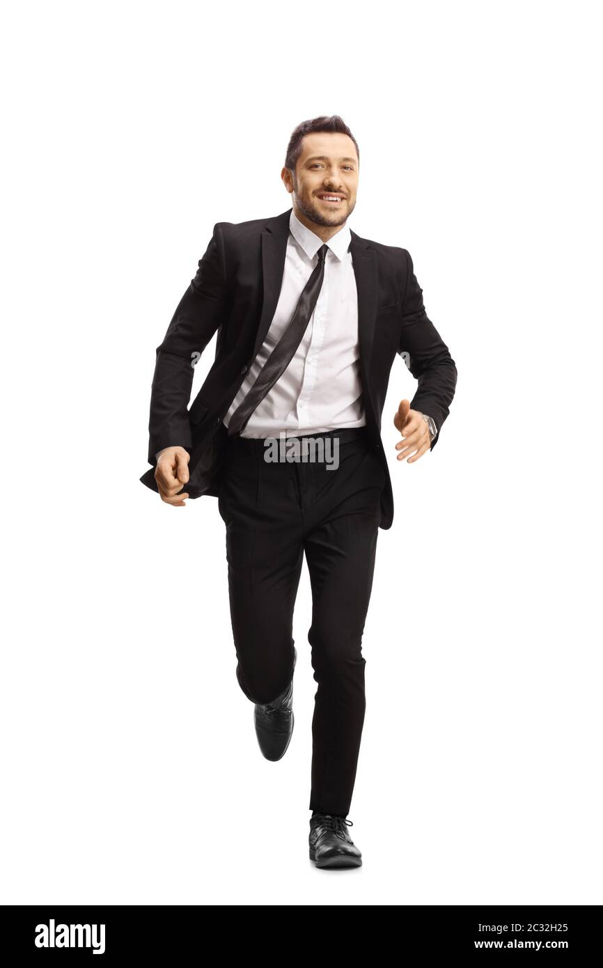 Full length portrait of a happy businessman running and smiling ...