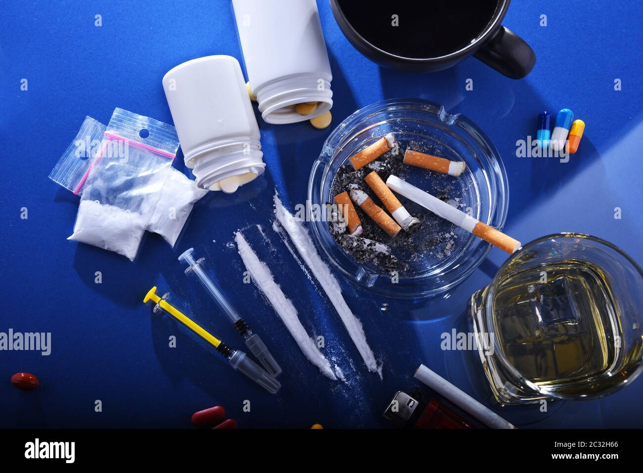 Addictive substances, including alcohol, cigarettes and drugs Stock ...
