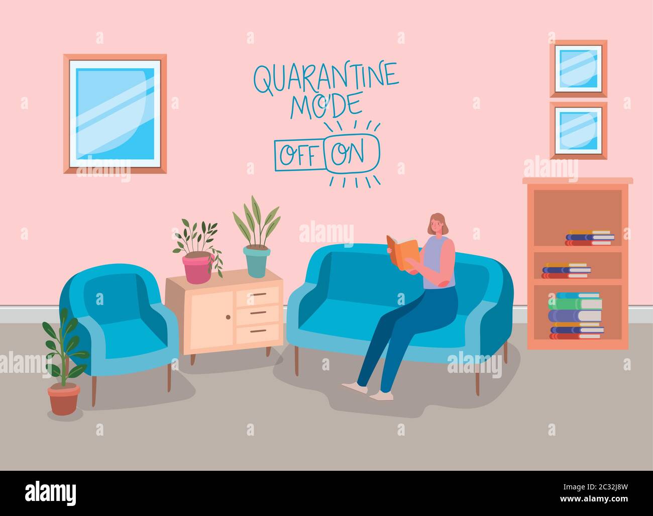 Woman cartoon reading book on couch design of Stay at home and ...