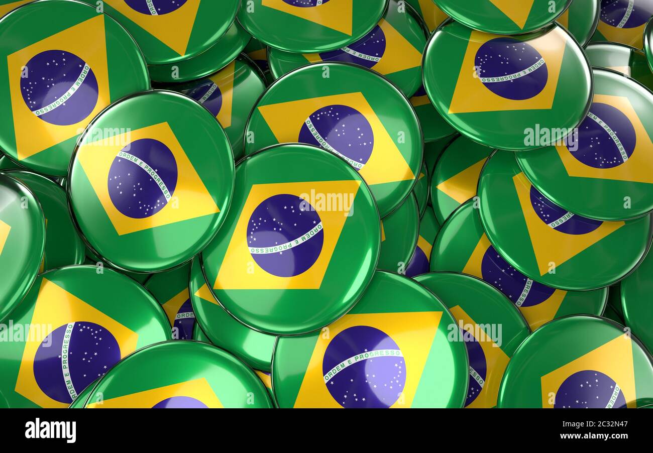 Brazil Badges Background - Pile of Brazilian Flag Buttons. 3D Rendering ...
