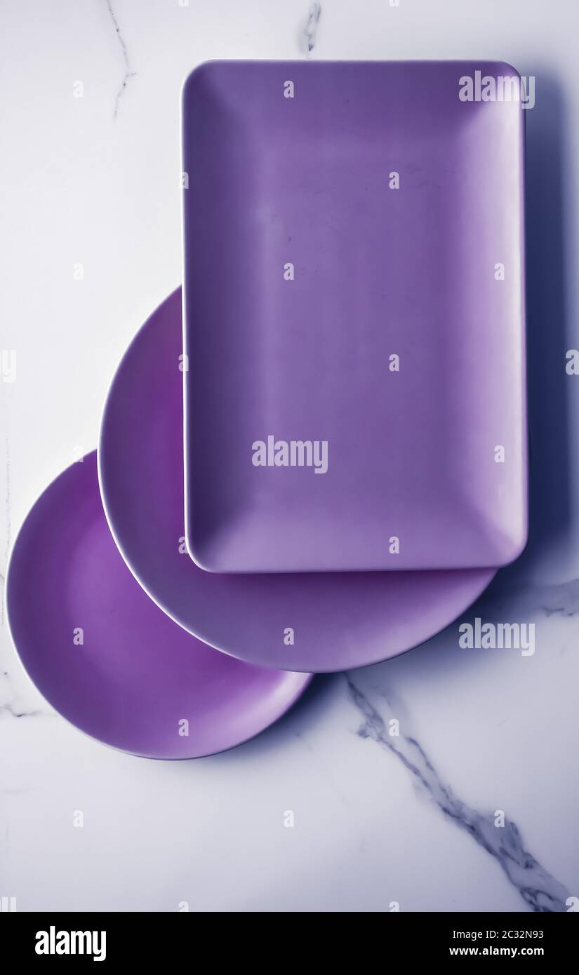 Purple empty plate on marble table background, tableware decor for ...