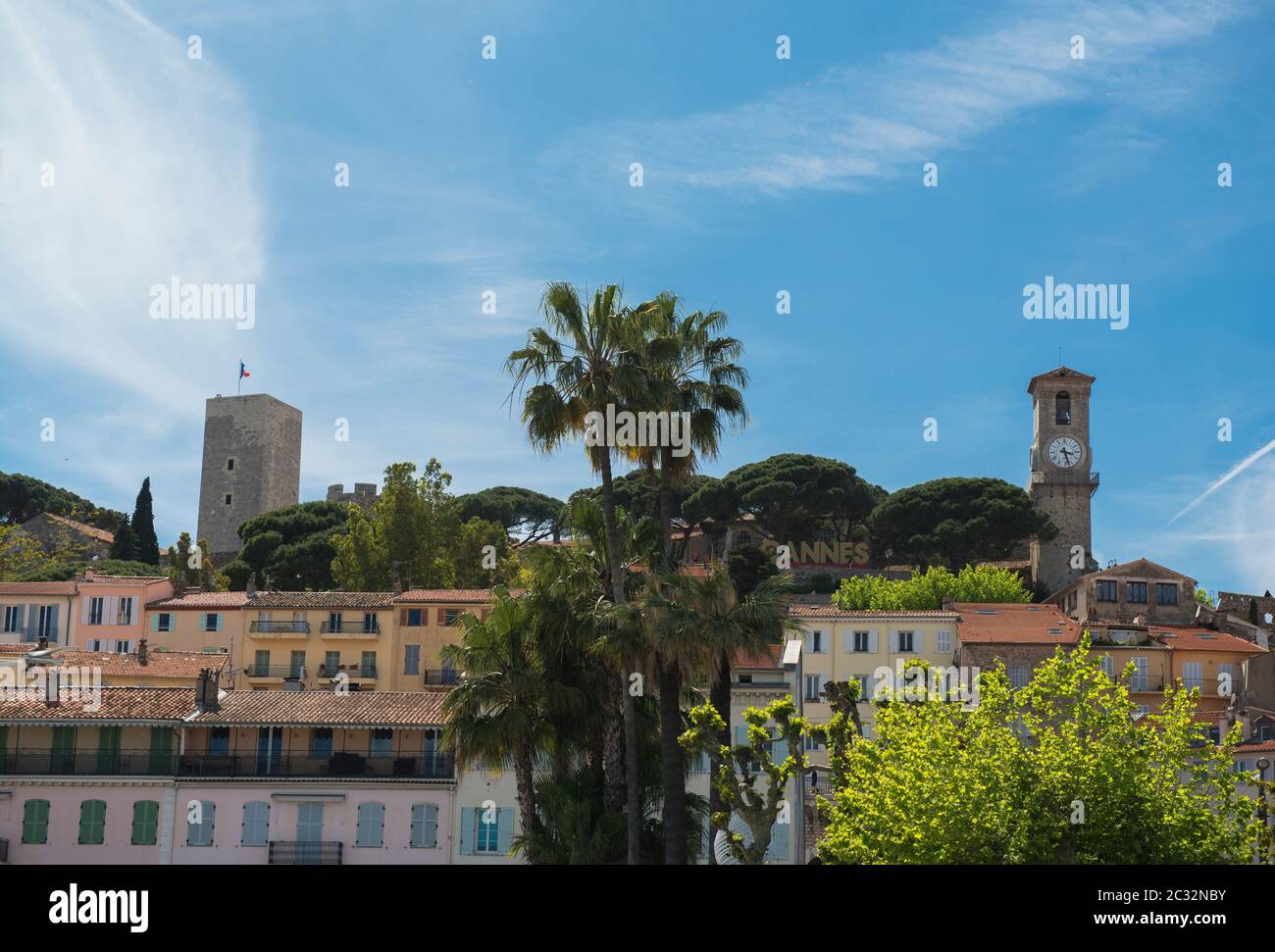 Cannes City Skyline with Clock Tower and Castle in background, French ...