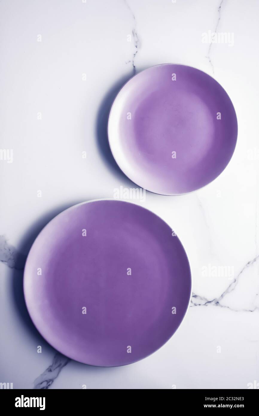Purple empty plate on marble table background, tableware decor for ...