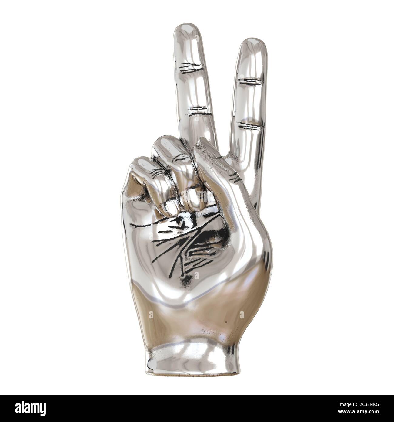 Metal figurine of a hand with two fingers raised up on a white ...