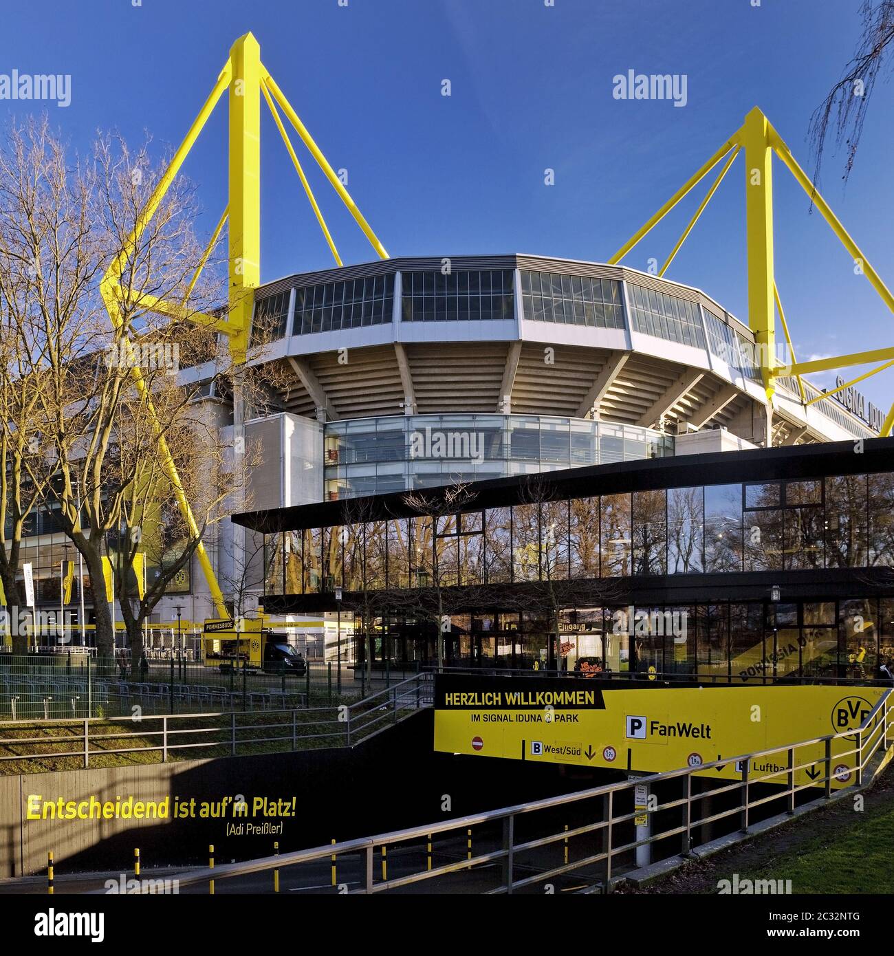 Borussia Dortmund football stadium with fan shop, Signal Iduna Park ...