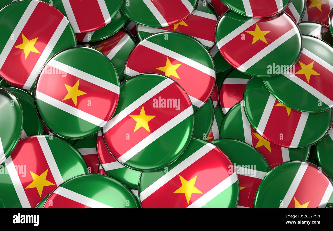 Suriname Badges Background - Pile of Surinamese Flag Buttons. 3D ...